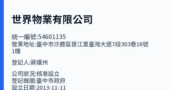 世界物業有限公司的照片-統編 54601135(臺中市) 公司登記資料與營業項目詳細圖表