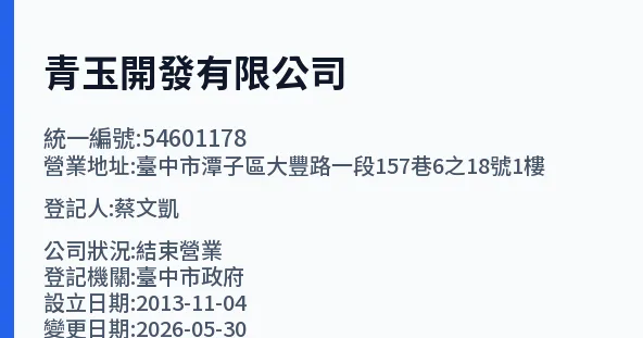 青玉開發有限公司的照片-統編 54601178(臺中市) 公司登記資料與營業項目詳細圖表