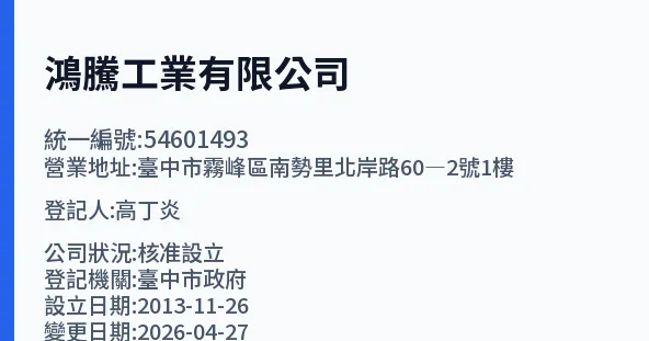 鴻騰工業有限公司的照片-統編 54601493(臺中市) 公司登記資料與營業項目詳細圖表