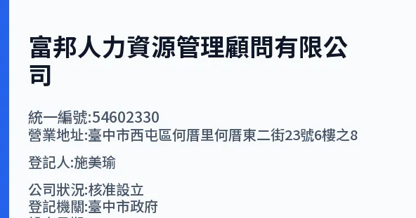 富邦人力資源管理顧問有限公司的照片-統編 54602330(臺中市) 公司登記資料與營業項目詳細圖表