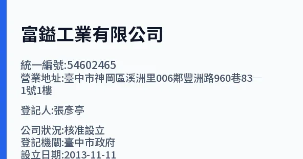 富鎰工業有限公司的照片-統編 54602465(臺中市) 公司登記資料與營業項目詳細圖表