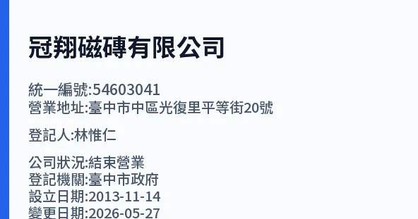 冠翔磁磚有限公司的照片-統編 54603041(臺中市) 公司登記資料與營業項目詳細圖表