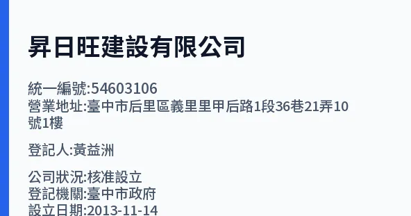 昇日旺建設有限公司的照片-統編 54603106(臺中市) 公司登記資料與營業項目詳細圖表