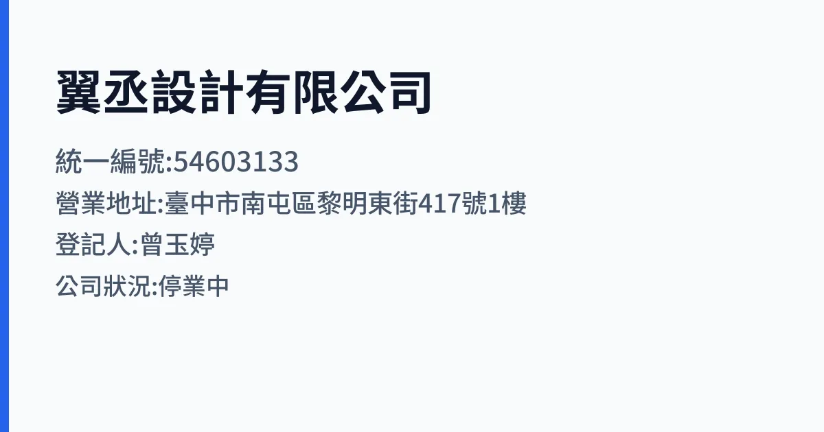翼丞設計有限公司 - 統編 54603133(臺中市) 公司登記資料與營業項目詳細圖表