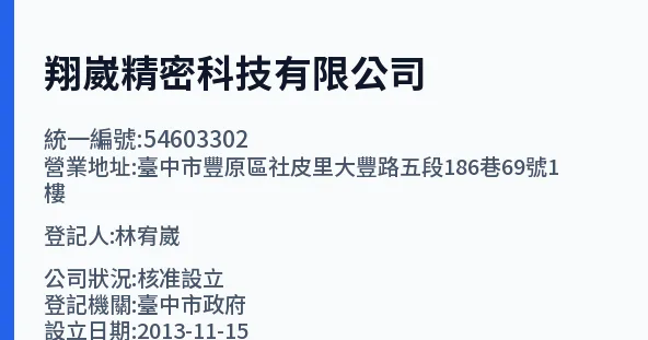 翔崴精密科技有限公司的照片-統編 54603302(臺中市) 公司登記資料與營業項目詳細圖表