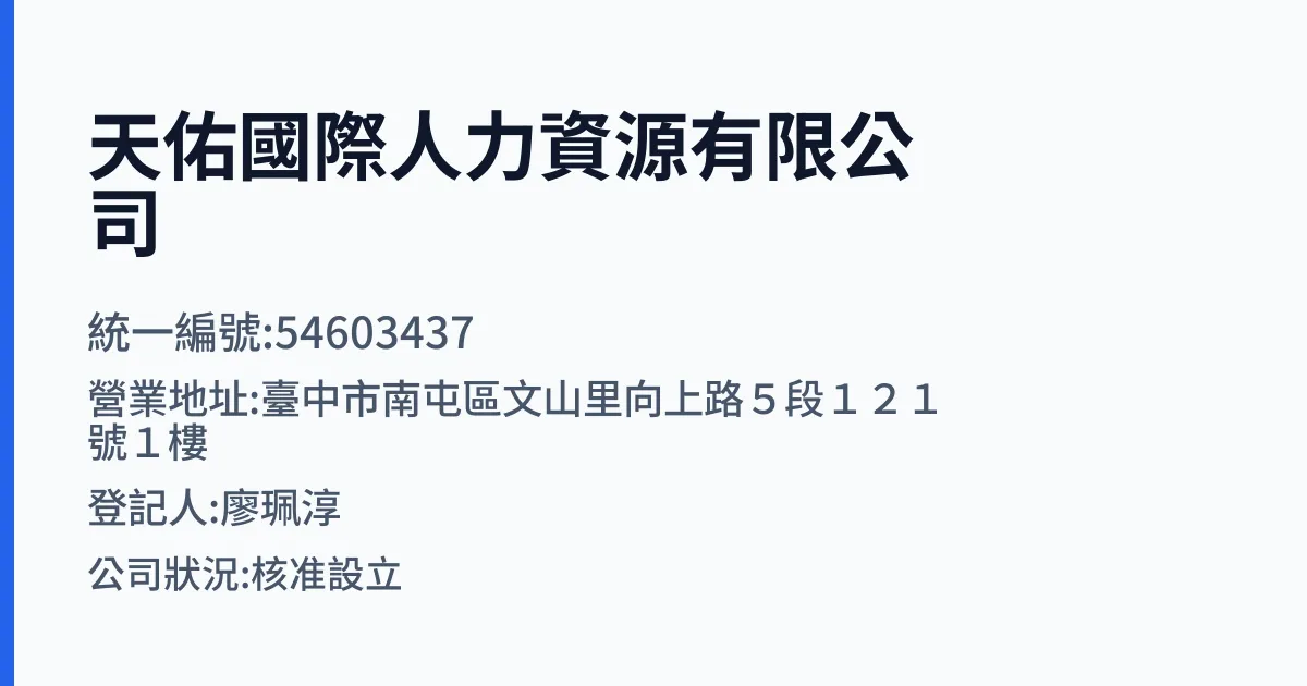 天佑國際人力資源有限公司 - 統編 54603437(臺中市) 公司登記資料與營業項目詳細圖表
