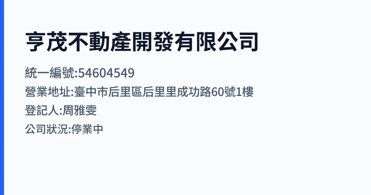 亨茂不動產開發有限公司 - 統編 54604549(臺中市) 公司登記資料與營業項目詳細圖表