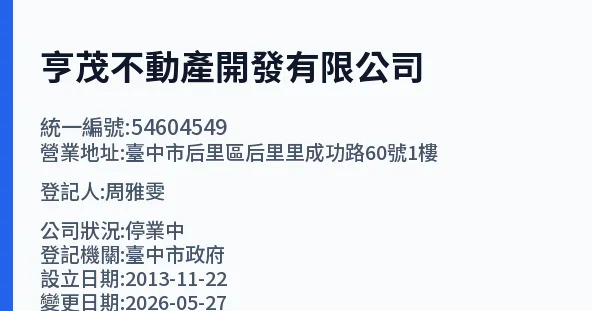 亨茂不動產開發有限公司的照片-統編 54604549(臺中市) 公司登記資料與營業項目詳細圖表