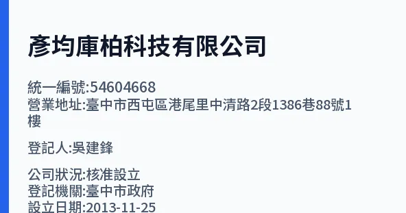 彥均庫柏科技有限公司的照片-統編 54604668(臺中市) 公司登記資料與營業項目詳細圖表