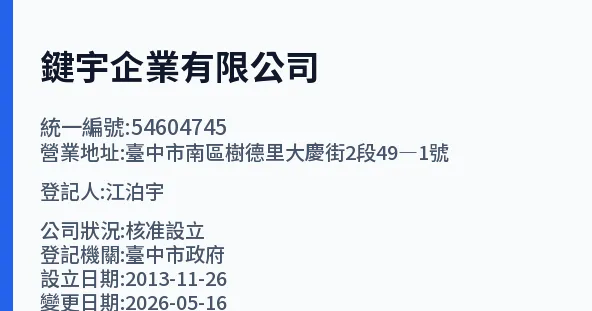 鍵宇企業有限公司的照片-統編 54604745(臺中市) 公司登記資料與營業項目詳細圖表