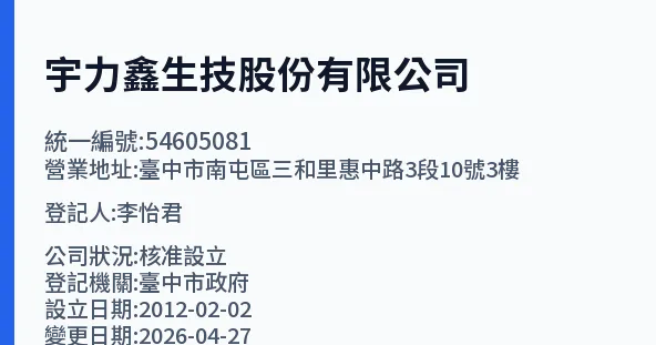 宇力鑫生技股份有限公司的照片-統編 54605081(臺中市) 公司登記資料與營業項目詳細圖表