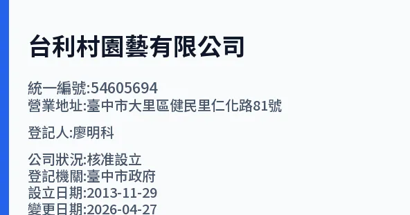 台利村園藝有限公司的照片-統編 54605694(臺中市) 公司登記資料與營業項目詳細圖表