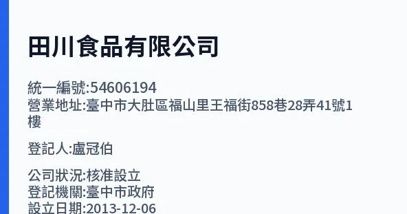 田川食品有限公司的照片-統編 54606194(臺中市) 公司登記資料與營業項目詳細圖表