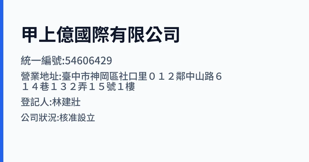 甲上億國際有限公司 - 統編 54606429(臺中市) 公司登記資料與營業項目詳細圖表