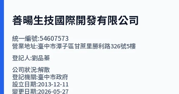 善暘生技國際開發有限公司的照片-統編 54607573(臺中市) 公司登記資料與營業項目詳細圖表