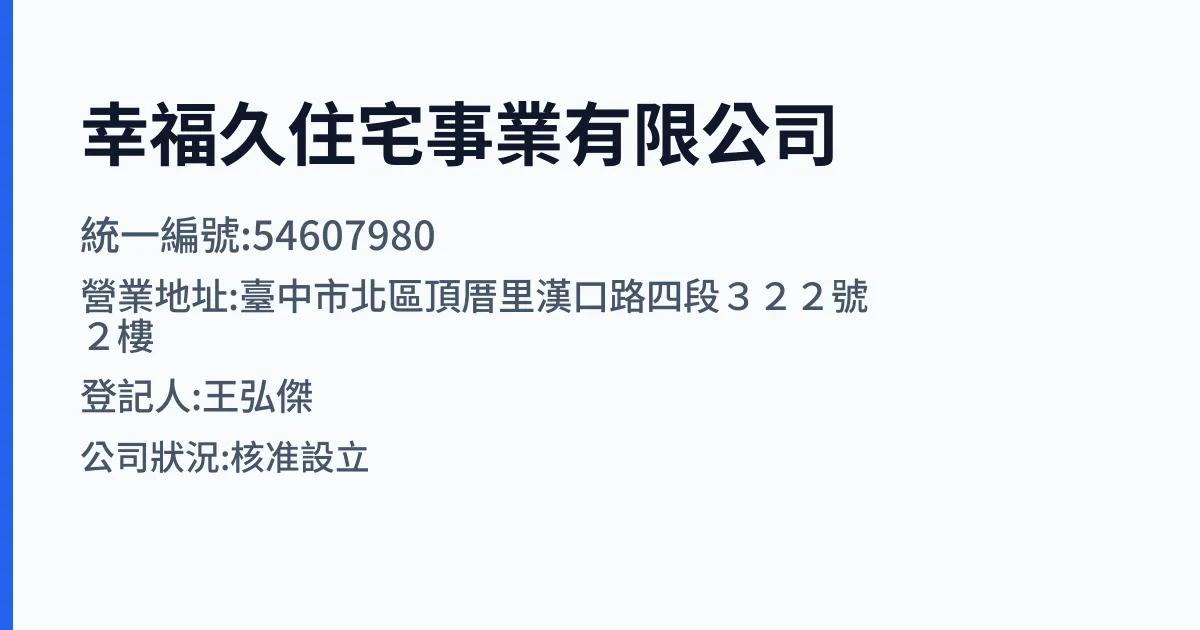 幸福久住宅事業有限公司 - 統編 54607980(臺中市) 公司登記資料與營業項目詳細圖表
