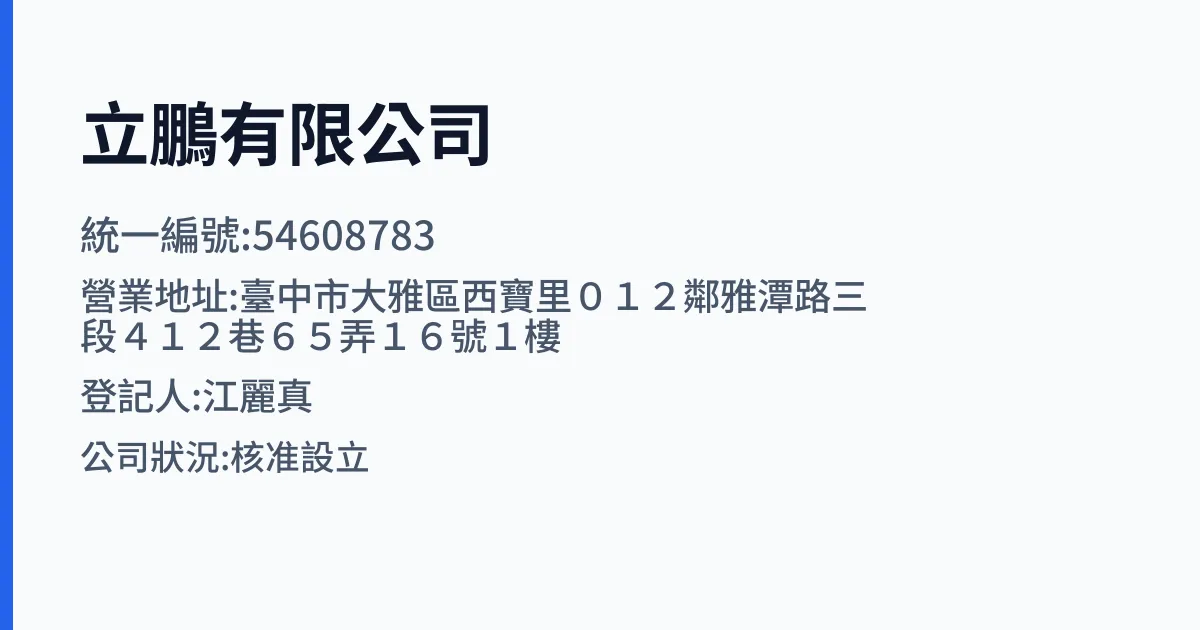 立鵬有限公司 - 統編 54608783(臺中市) 公司登記資料與營業項目詳細圖表