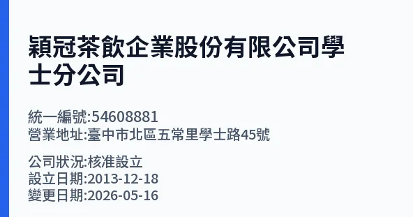 穎冠茶飲企業股份有限公司學士分公司的照片-統編 54608881(臺中市) 公司登記資料與營業項目詳細圖表