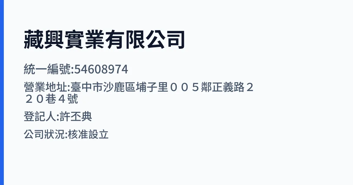 藏興實業有限公司 - 統編 54608974(臺中市) 公司登記資料與營業項目詳細圖表