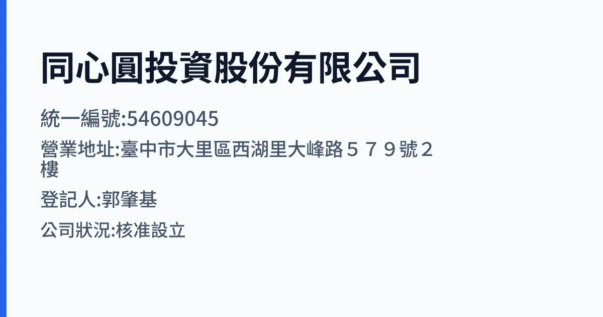 同心圓投資股份有限公司 - 統編 54609045(臺中市) 公司登記資料與營業項目詳細圖表