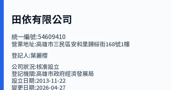 田依有限公司的照片-統編 54609410(高雄市) 公司登記資料與營業項目詳細圖表