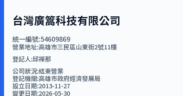 台灣廣篙科技有限公司的照片-統編 54609869(高雄市) 公司登記資料與營業項目詳細圖表