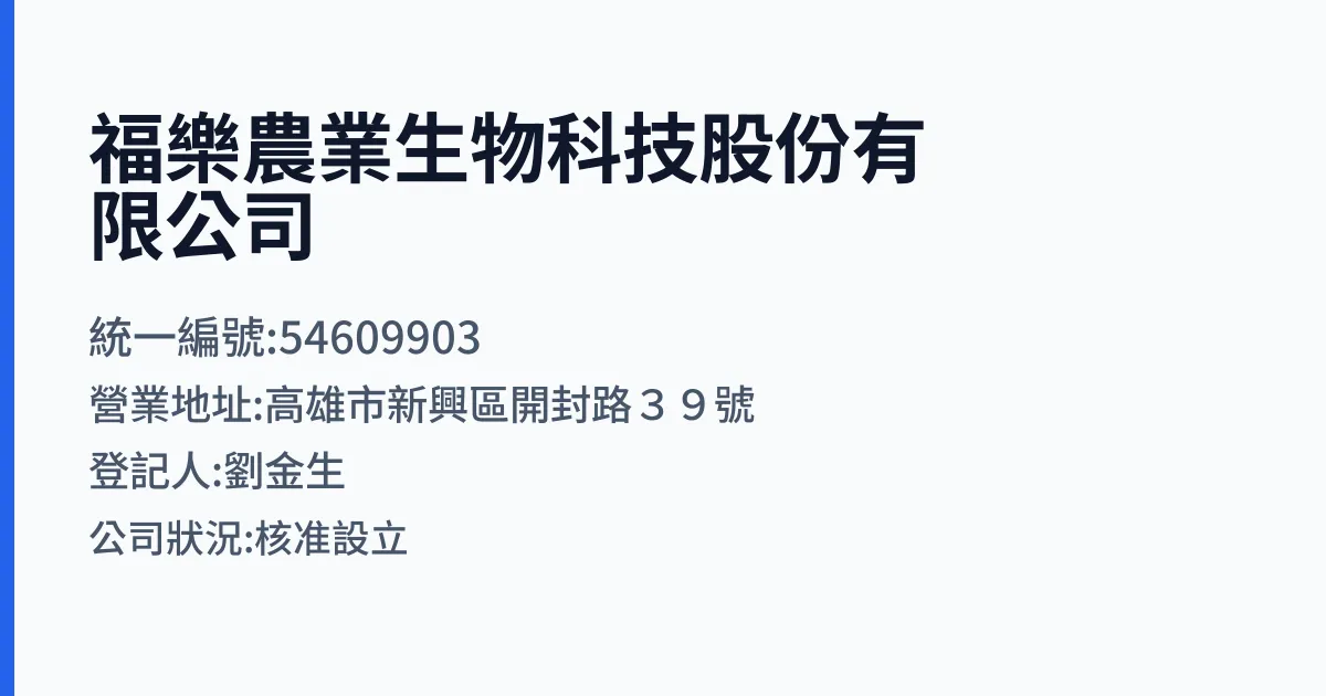 福樂農業生物科技股份有限公司 - 統編 54609903(高雄市) 公司登記資料與營業項目詳細圖表