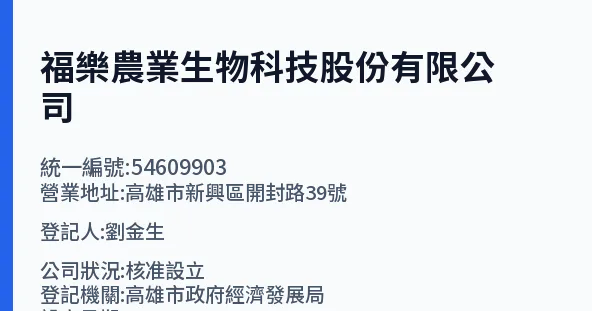 福樂農業生物科技股份有限公司的照片-統編 54609903(高雄市) 公司登記資料與營業項目詳細圖表
