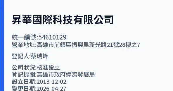 昇華國際科技有限公司的照片-統編 54610129(高雄市) 公司登記資料與營業項目詳細圖表