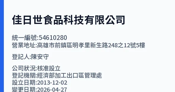 佳日世食品科技有限公司的照片-統編 54610280(高雄市) 公司登記資料與營業項目詳細圖表