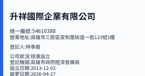 升祥國際企業有限公司的照片-統編 54610388(高雄市) 公司登記資料與營業項目詳細圖表