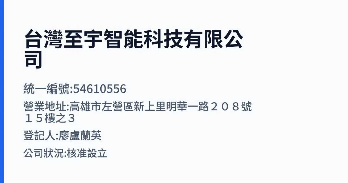 台灣至宇智能科技有限公司 - 統編 54610556(高雄市) 公司登記資料與營業項目詳細圖表