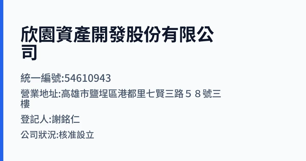 欣園資產開發股份有限公司 - 統編 54610943(高雄市) 公司登記資料與營業項目詳細圖表