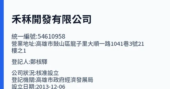 禾秝開發有限公司的照片-統編 54610958(高雄市) 公司登記資料與營業項目詳細圖表