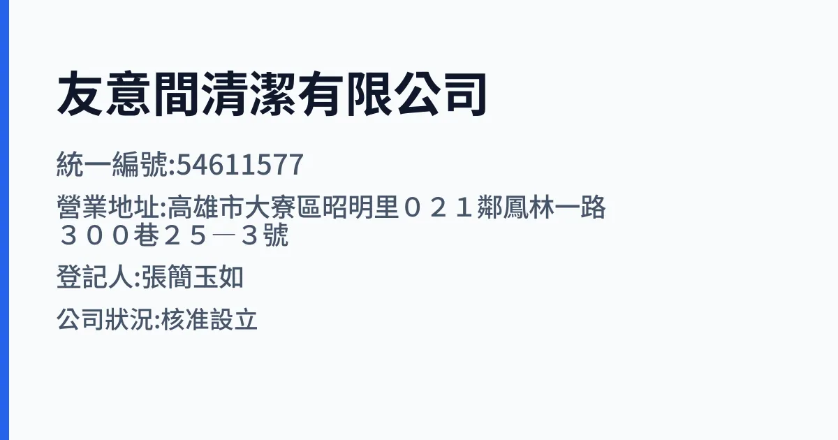 友意間清潔有限公司 - 統編 54611577(高雄市) 公司登記資料與營業項目詳細圖表