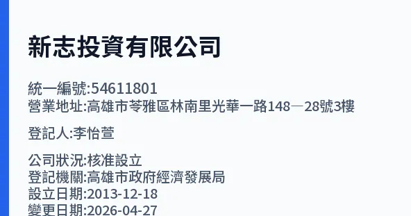 新志投資有限公司的照片-統編 54611801(高雄市) 公司登記資料與營業項目詳細圖表