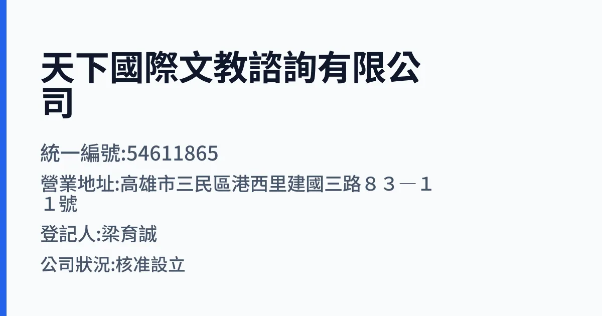 天下國際文教諮詢有限公司 - 統編 54611865(高雄市) 公司登記資料與營業項目詳細圖表