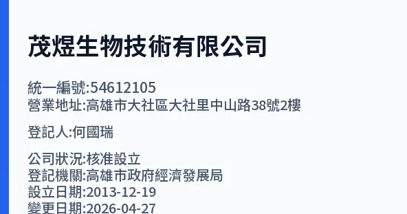 茂煜生物技術有限公司的照片-統編 54612105(高雄市) 公司登記資料與營業項目詳細圖表