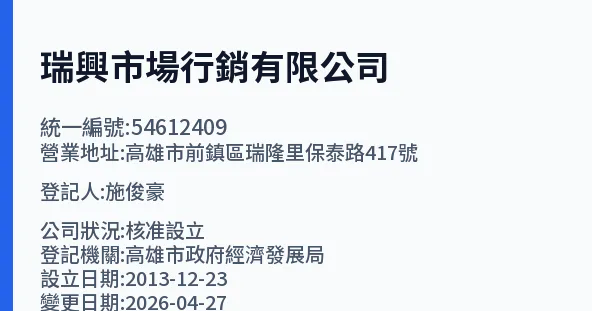 瑞興市場行銷有限公司的照片-統編 54612409(高雄市) 公司登記資料與營業項目詳細圖表