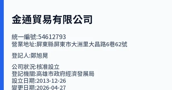 金通貿易有限公司的照片-統編 54612793(屏東縣) 公司登記資料與營業項目詳細圖表