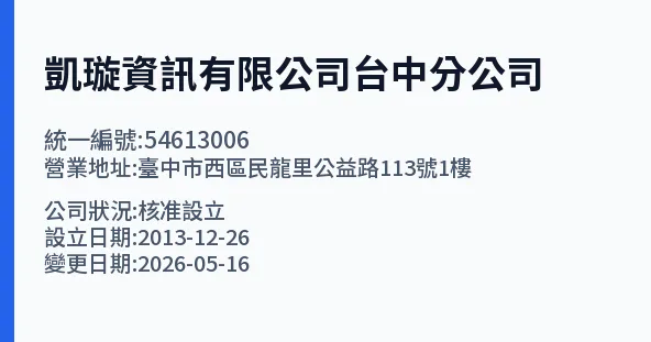 凱璇資訊有限公司台中分公司的照片-統編 54613006(臺中市) 公司登記資料與營業項目詳細圖表