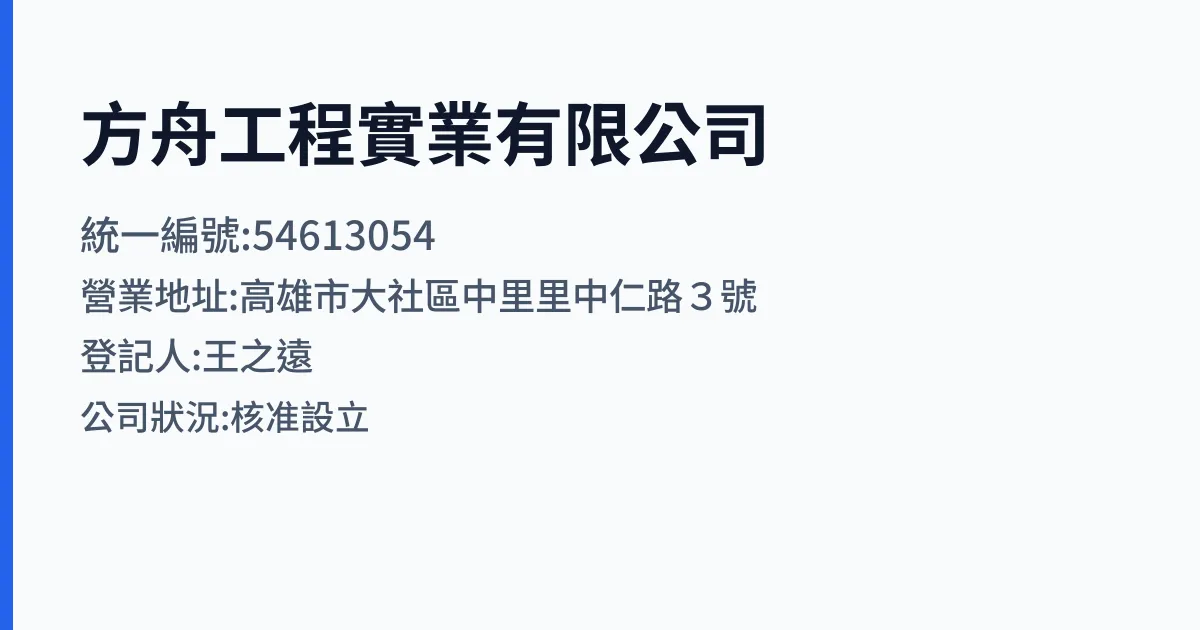 方舟工程實業有限公司 - 統編 54613054（高雄市） 公司登記資料與營業項目詳細圖表