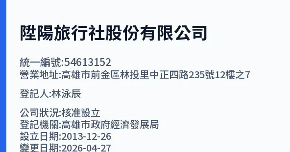 陞陽旅行社股份有限公司的照片-統編 54613152(高雄市) 公司登記資料與營業項目詳細圖表