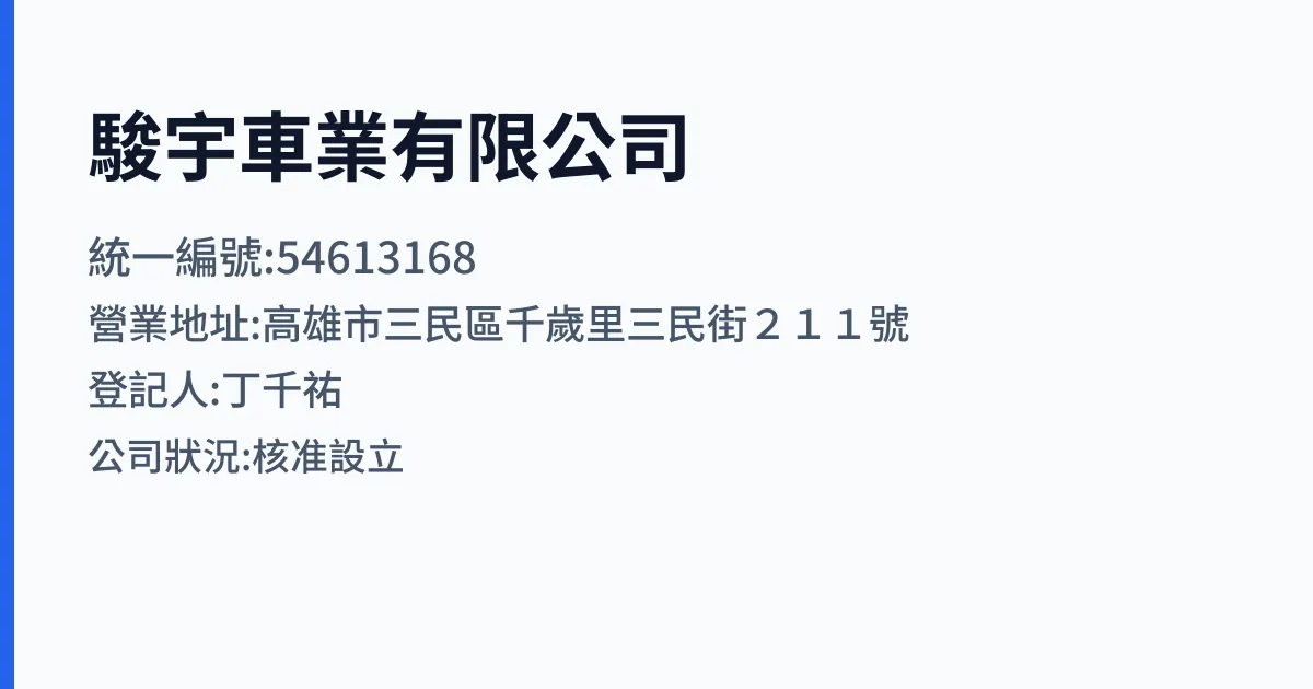 駿宇車業有限公司 - 統編 54613168(高雄市) 公司登記資料與營業項目詳細圖表