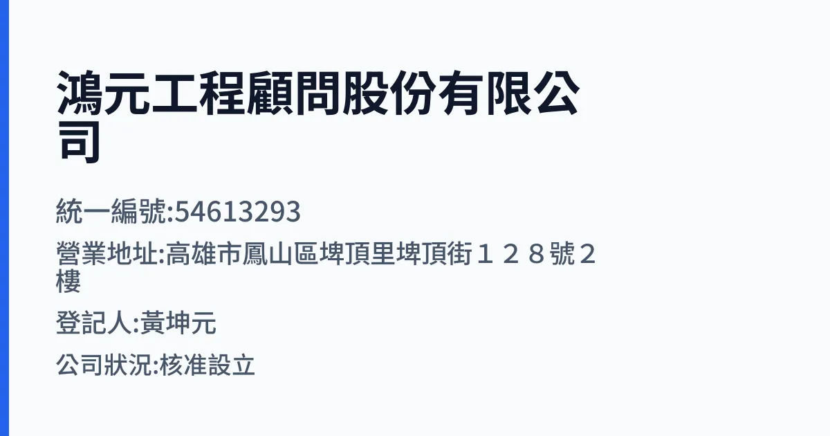 鴻元工程顧問股份有限公司 - 統編 54613293(高雄市) 公司登記資料與營業項目詳細圖表