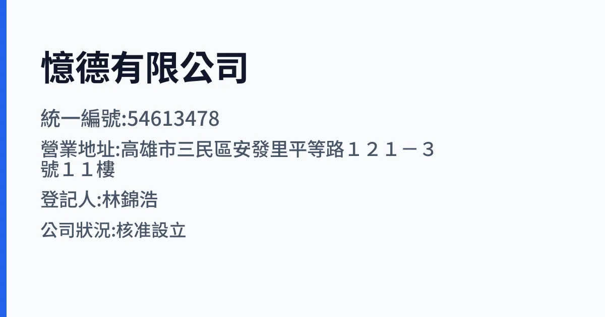 憶德有限公司 - 統編 54613478(高雄市) 公司登記資料與營業項目詳細圖表