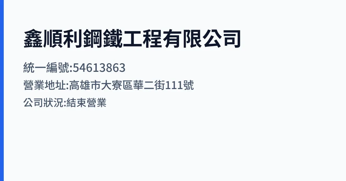 鑫順利鋼鐵工程有限公司 - 統編 54613863(高雄市) 公司登記資料與營業項目詳細圖表