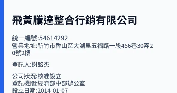 飛黃騰達整合行銷有限公司的照片-統編 54614292(新竹市) 公司登記資料與營業項目詳細圖表