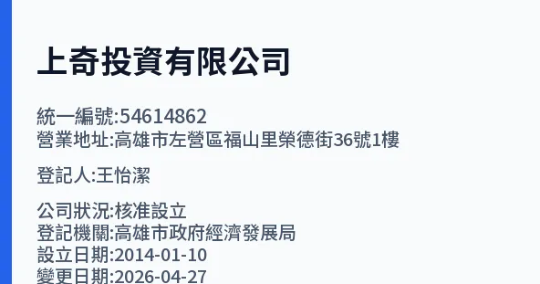 上奇投資有限公司的照片-統編 54614862(高雄市) 公司登記資料與營業項目詳細圖表