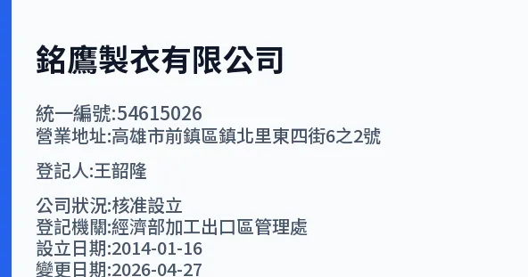 銘鷹製衣有限公司的照片-統編 54615026(高雄市) 公司登記資料與營業項目詳細圖表